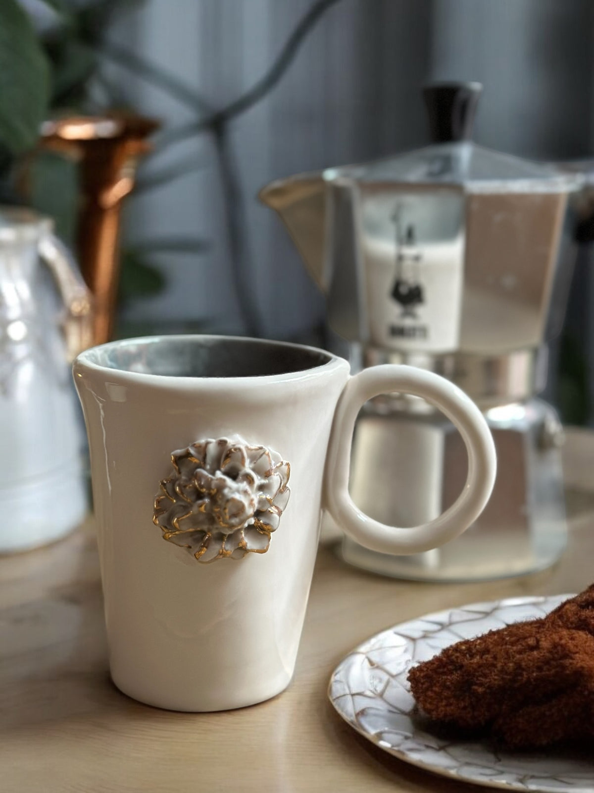 Handmade Porcelain Cup with Blue and Gold Dahlia – Cinder Ceramics LLC