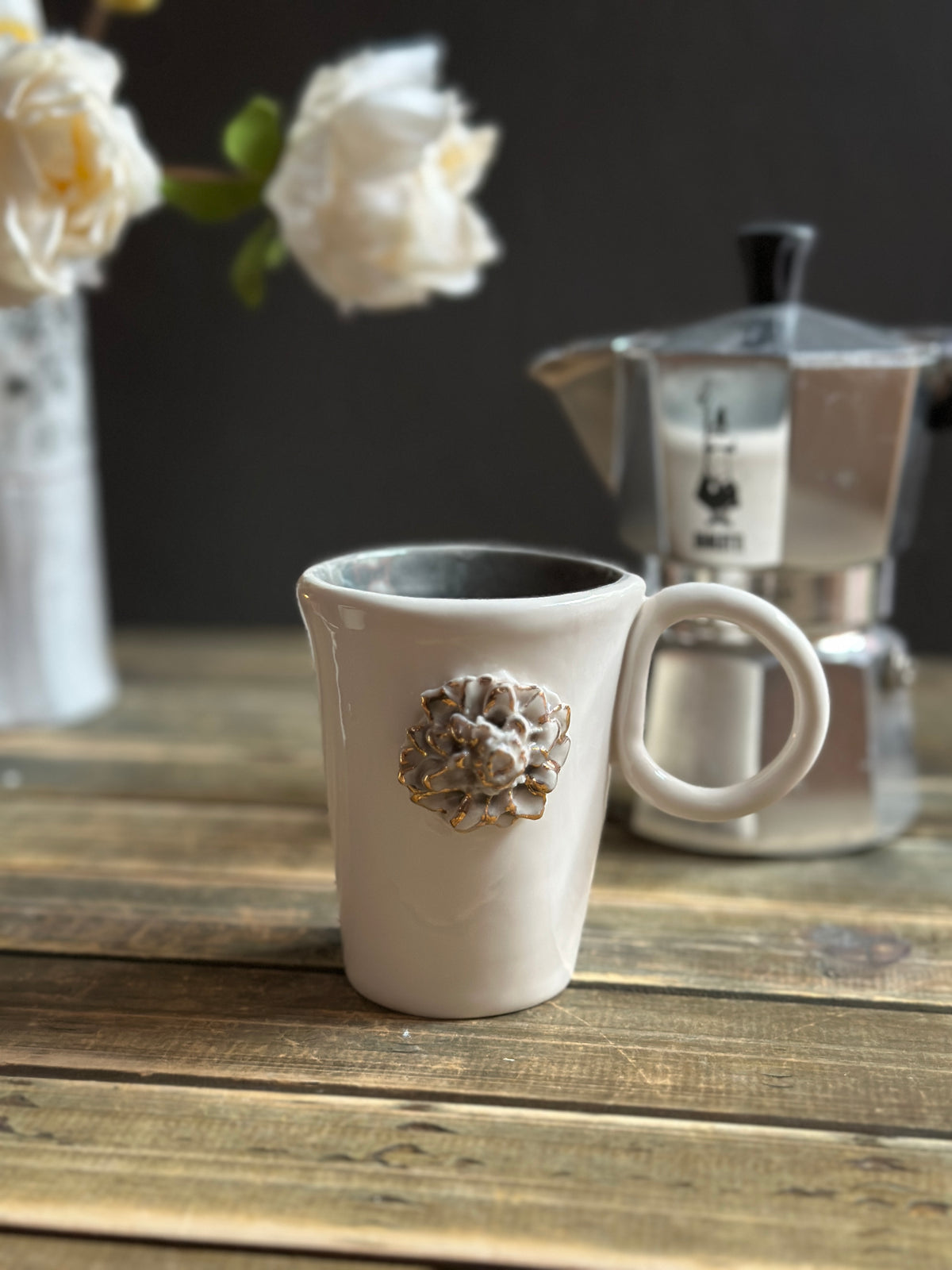 Handmade Porcelain Cup with Blue and Gold Dahlia – Cinder Ceramics LLC